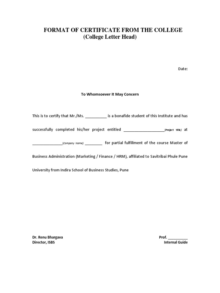 Format of Certificate From The College (College Letter Head) | PDF ...