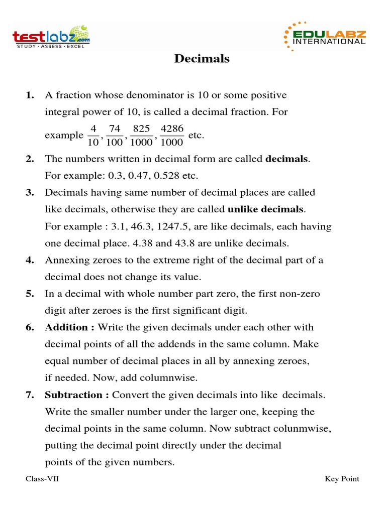 Decimals: Class-VII Key Point | PDF | Fraction (Mathematics) | Division ...