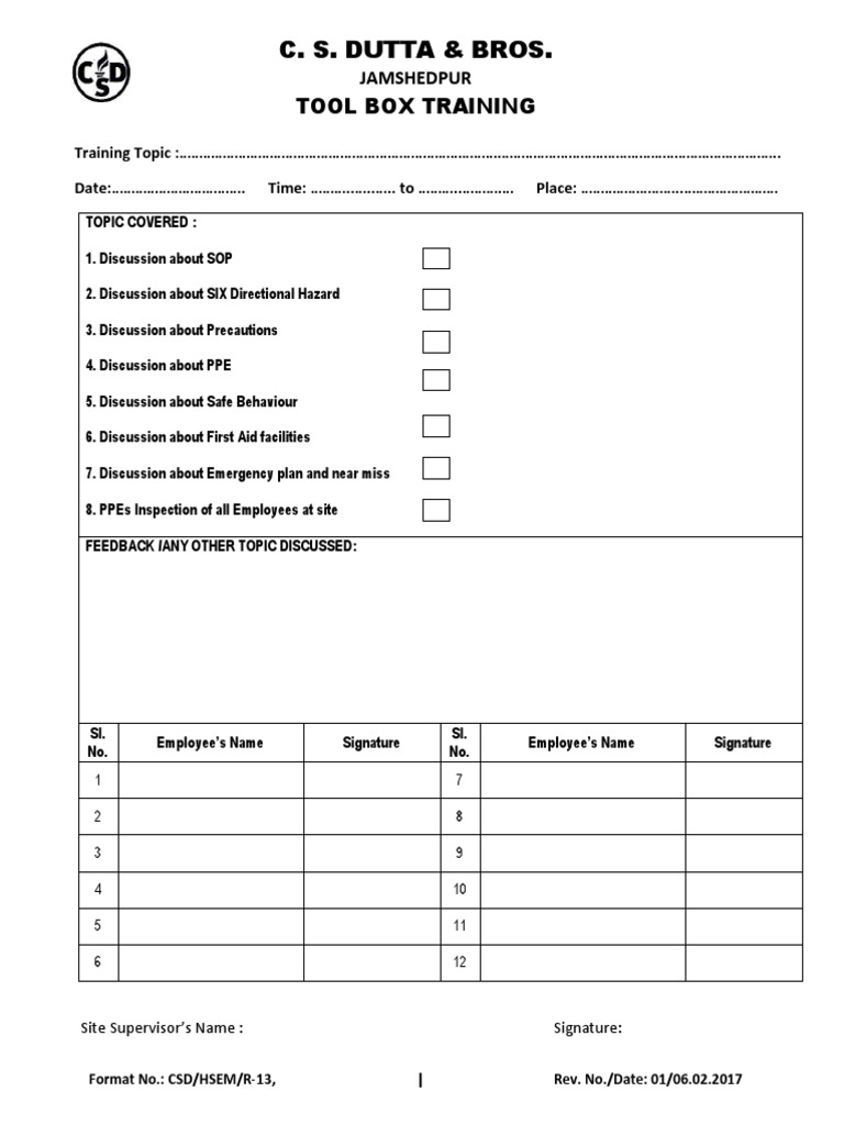 R-13 Tool Box Training Sheet | PDF