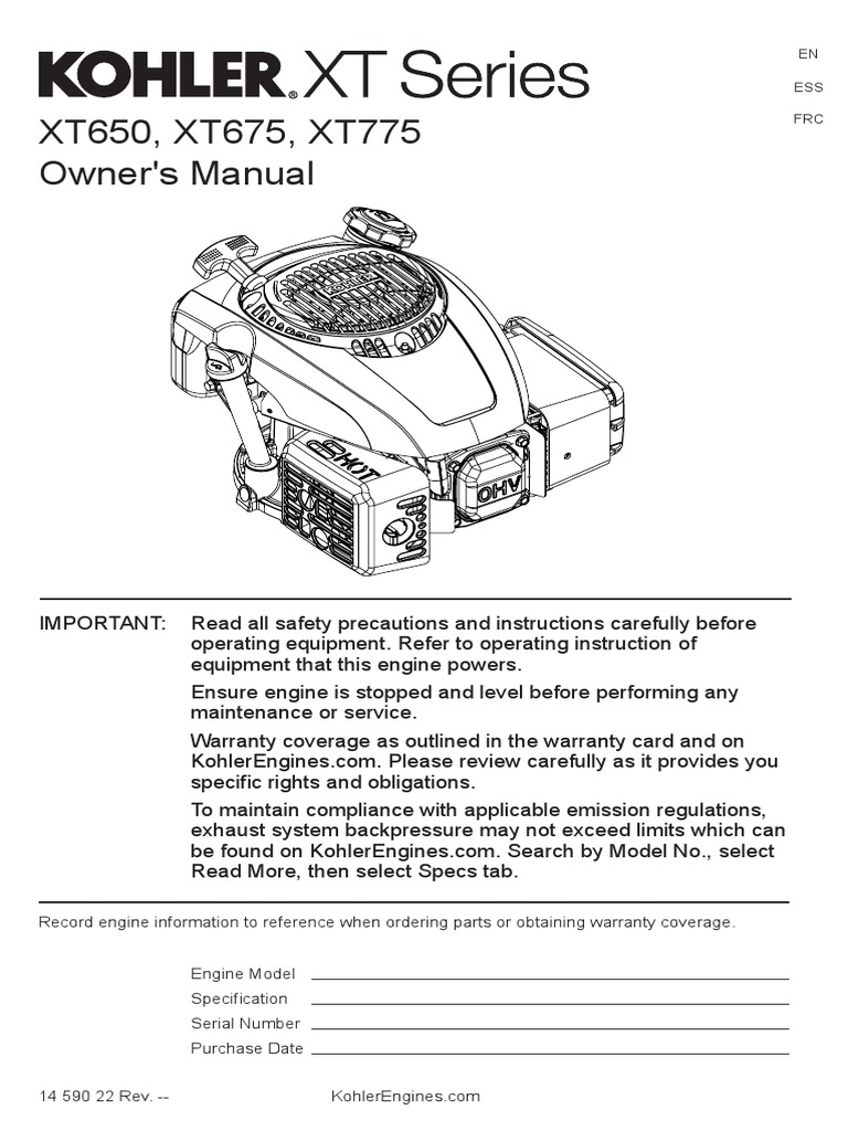 Kohler XT675 Owner s Manual 14 590 22 EN PDF Carburetor Horsepower