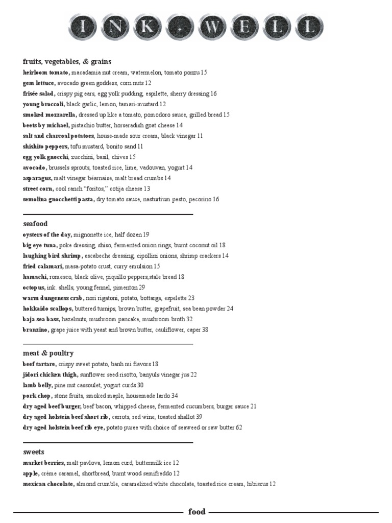 Ink - Well Dinner Menu | PDF | Salad | Foods