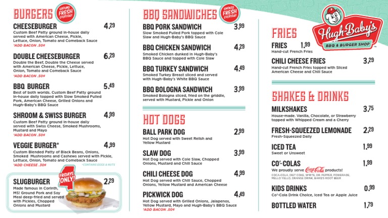 Hugh Baby's Menu | Hamburgers | American Cuisine