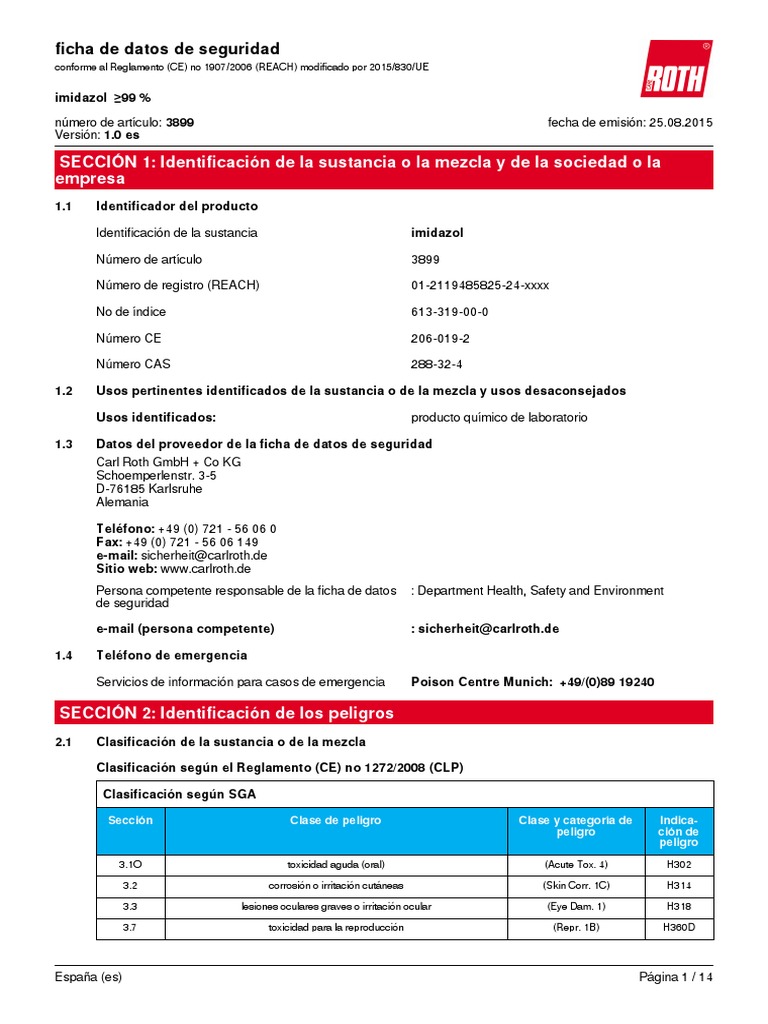 Imidazol FDS | PDF | Toxicidad | Residuos