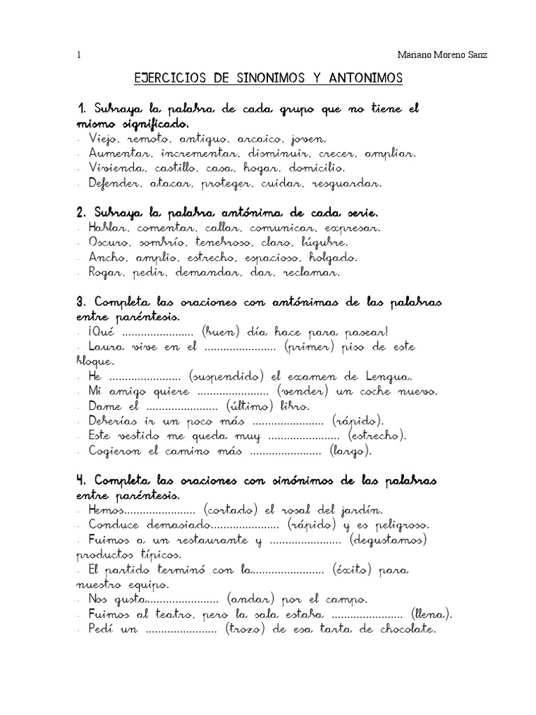 EJERCICIOS DE SINONIMOS Y ANTONIMOS - Mariano Moreno Sanz PDF | PDF | Arte