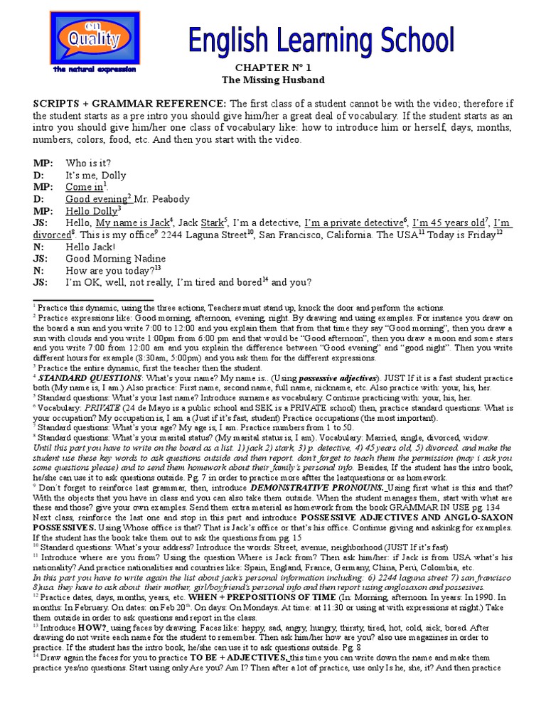 Chapter #1 The Missing Husband SCRIPTS + GRAMMAR REFERENCE: The First ...