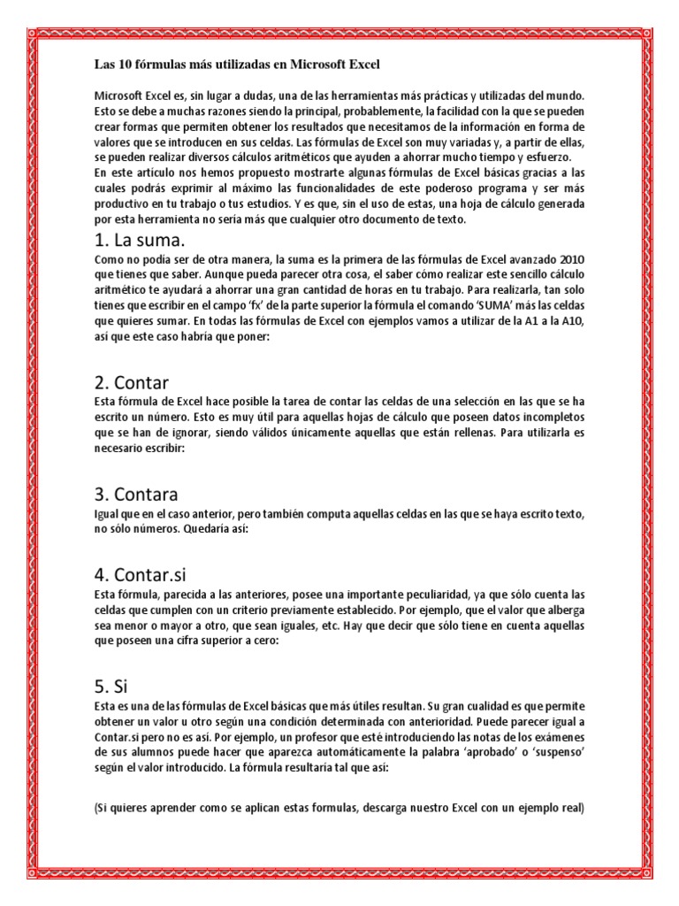 Las 10 Fórmulas Más Utilizadas en Microsoft Excel | PDF | Microsoft ...