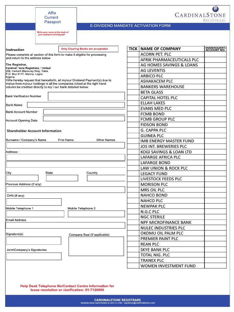 Cardinalstone Registrars e Dividend Mandate Form