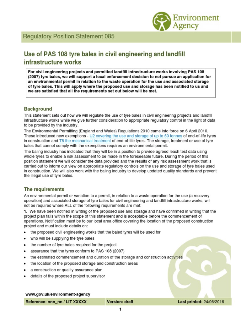 EA Regulatory Position Statement 085 - Use of PAS 108 Tyre Bales in ...