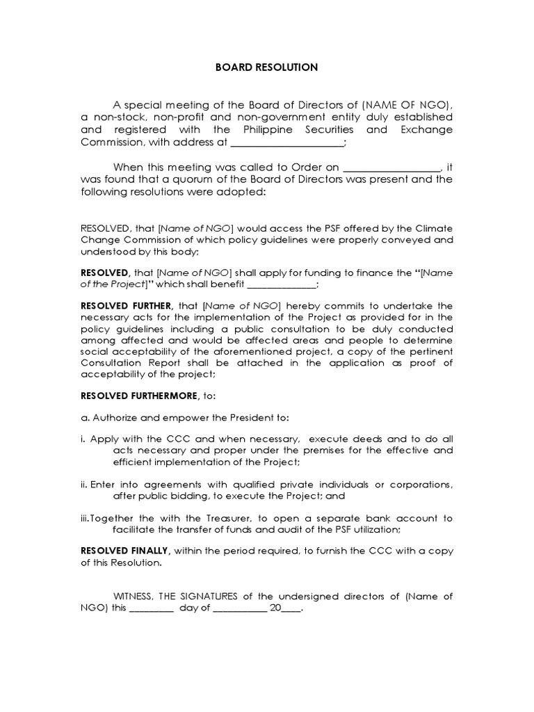 Nonprofit Board Resolution Template | PDF | Board Of Directors | Non ...