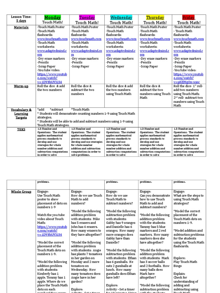 Ford R - Sped841-M4-Touch Math Lesson Plan | PDF | Teaching Mathematics ...