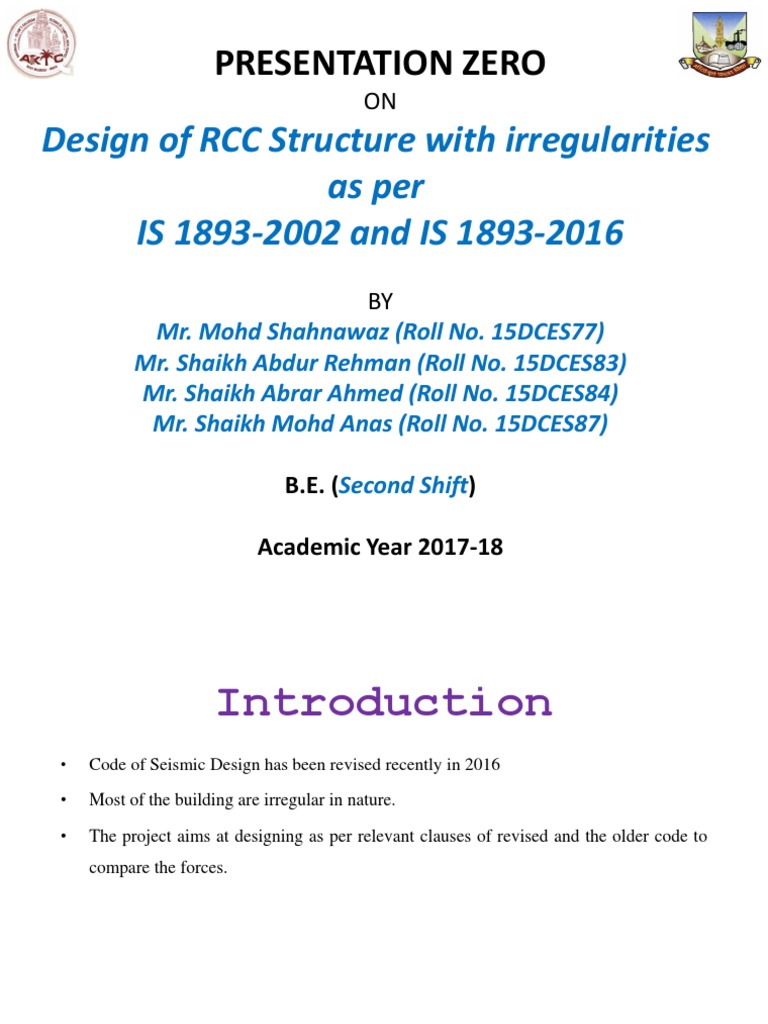 Presentation Zero: Design of RCC Structure With Irregularities As Per ...