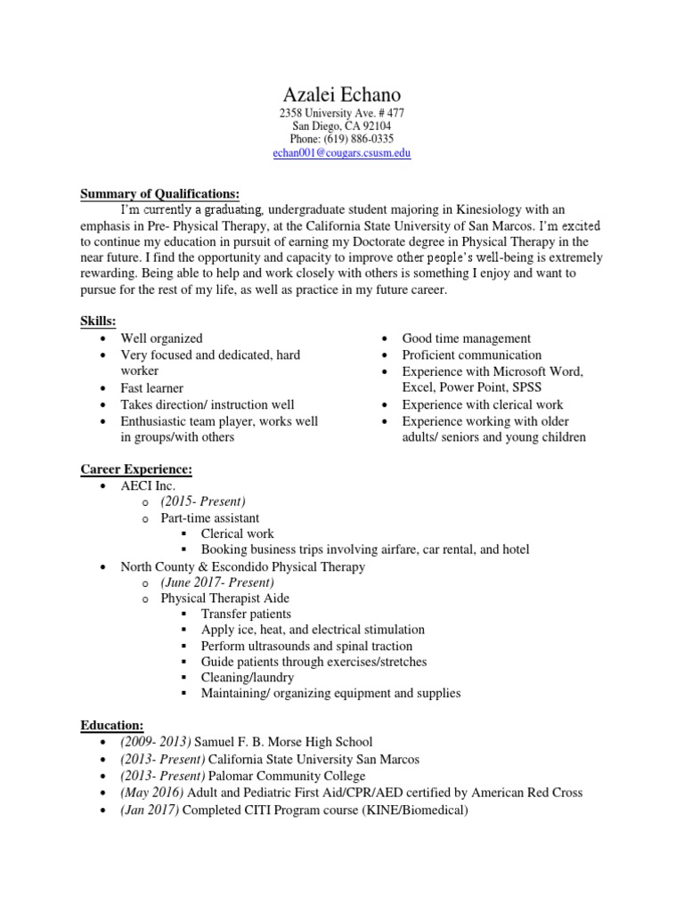 Kine 495 - Resume | PDF | Physical Therapy | Academia