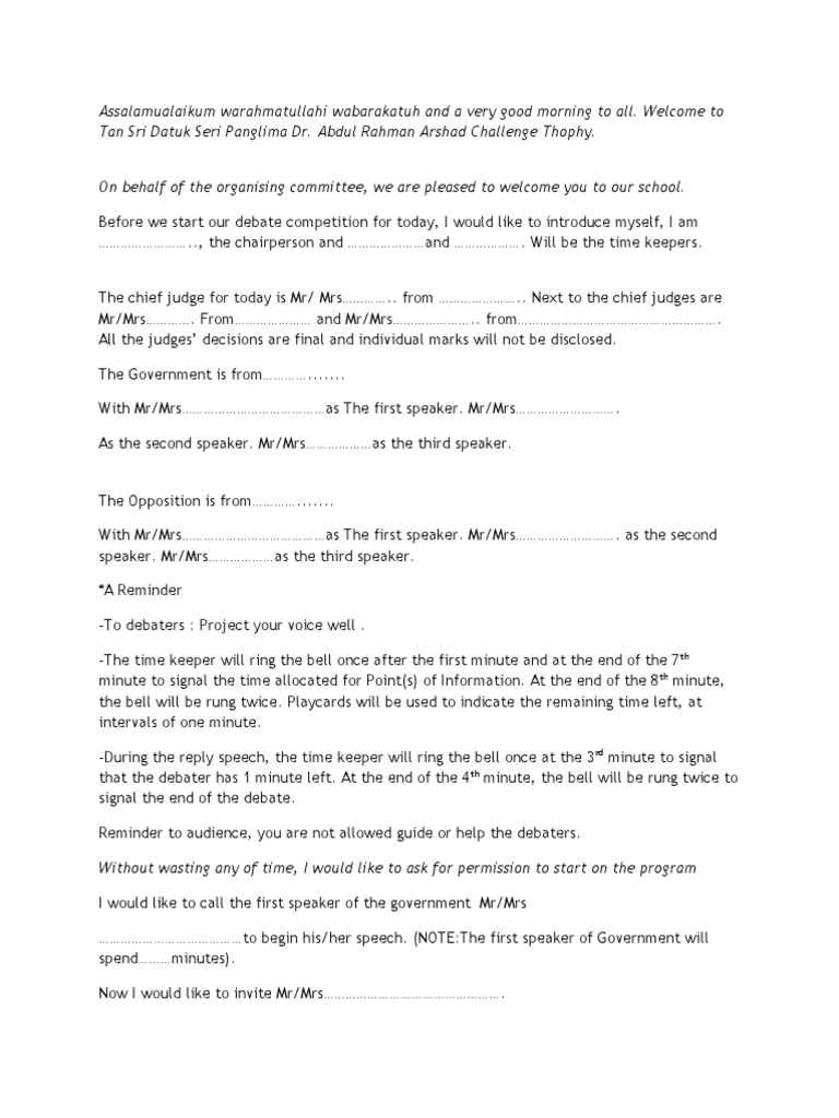 Chairperson/MC Debate Script | PDF | Public Sphere