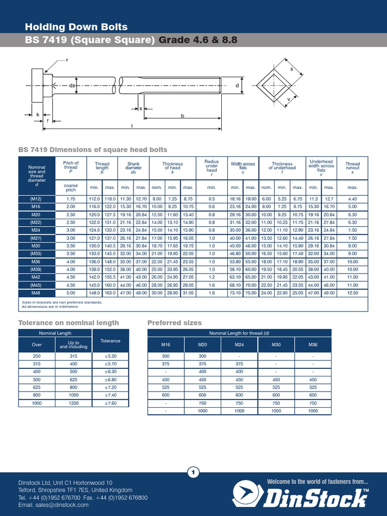Holding Down Bolts BS 7419 (Square Square) : Grade 4.6 & 8.8 | PDF ...