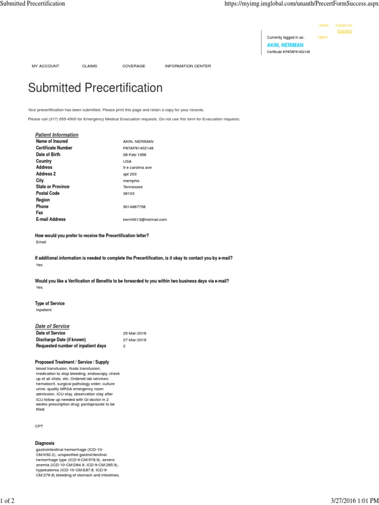 Submitted Precertification: Patient Information | PDF | International ...