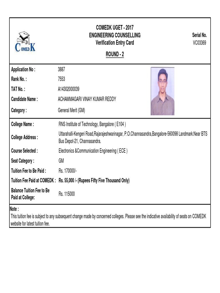 Comedk Uget - 2017 Engineering Counselling Verification Entry Card ...