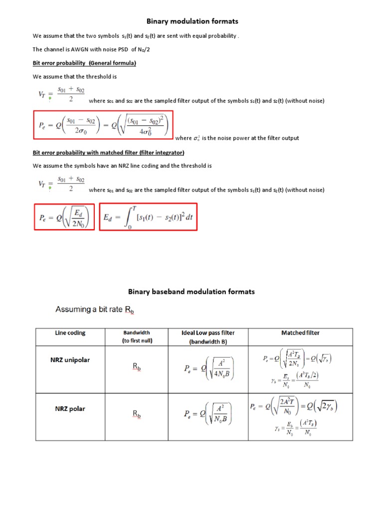 Binary Modulation Formats: Bit Error Probability (General Formula) | PDF