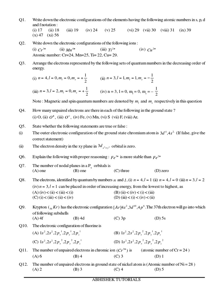 Electron Configuration Practice Questions | PDF | Electron ...