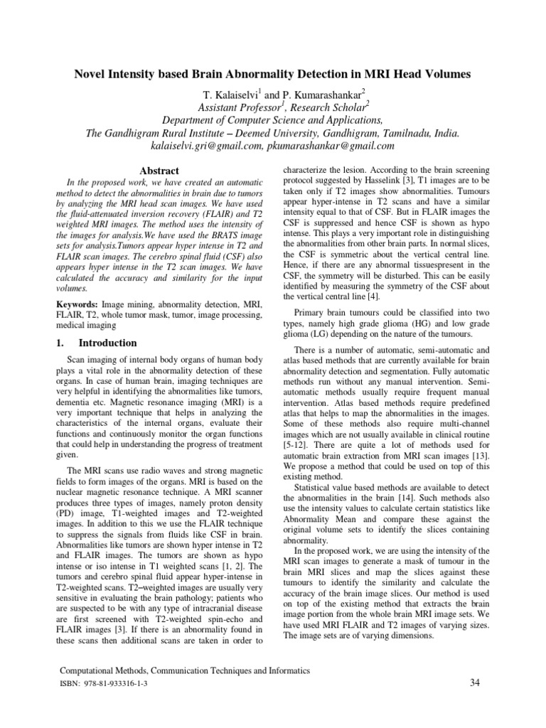 Novel Intensity Based Brain Abnormality Detection in MRI Head Volumes | Download Free PDF ...