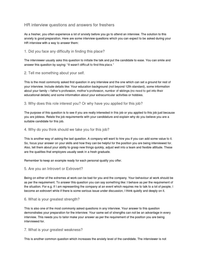 HR Interview Questions and Answers For Freshers | PDF | Extraversion And Introversion | Recruitment