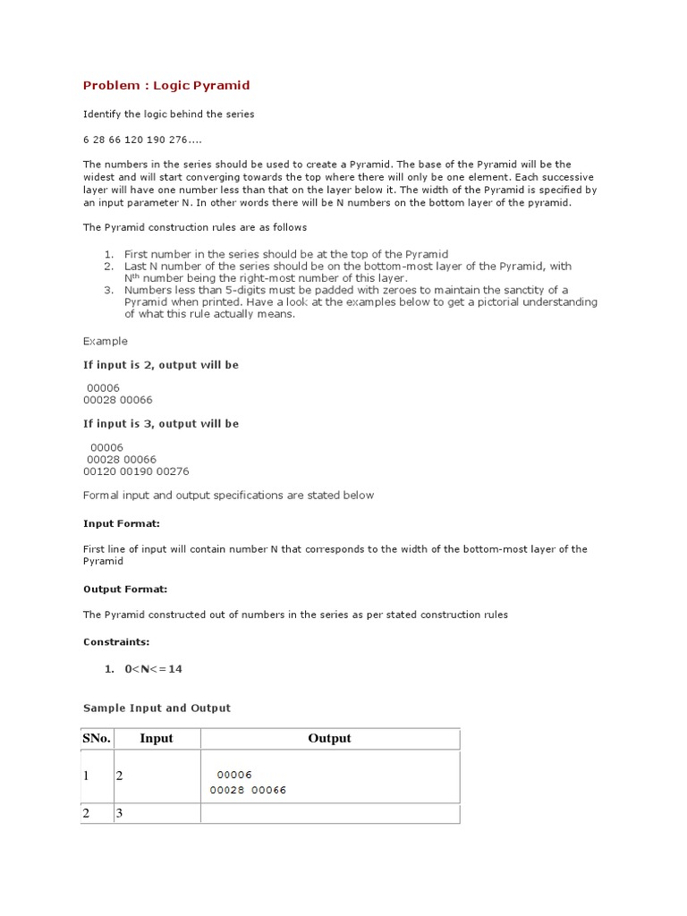 Problem: Logic Pyramid: Sno. Input Output | PDF | Summation | C ...