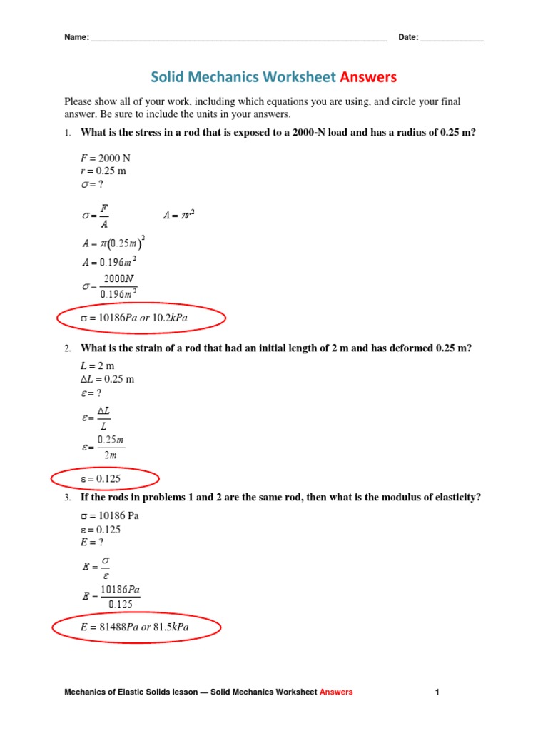 Solid Mechanics Worksheet: Answers | PDF | Elasticity (Physics ...
