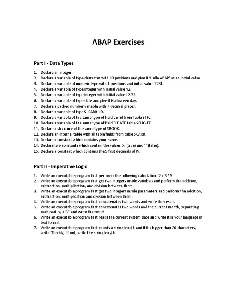 ABAP Exercises: Part I - Data Types | PDF | Data Type | Variable (Computer Science)