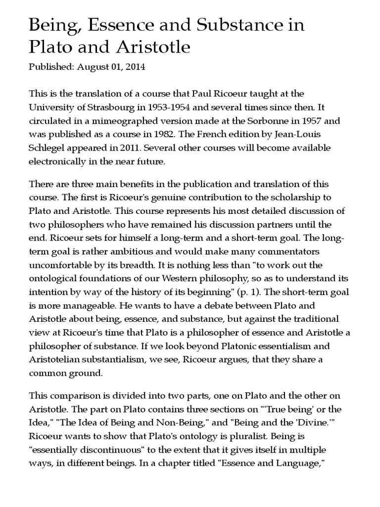 Being, Essence and Substance in Plato and Aristotle: Reviews: Notre ...