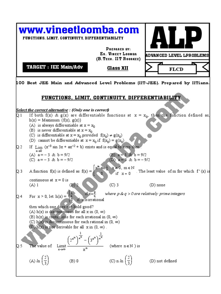 Functions, Limit, Continuity, Differentiability IIT-JEE (JEE Main and ...