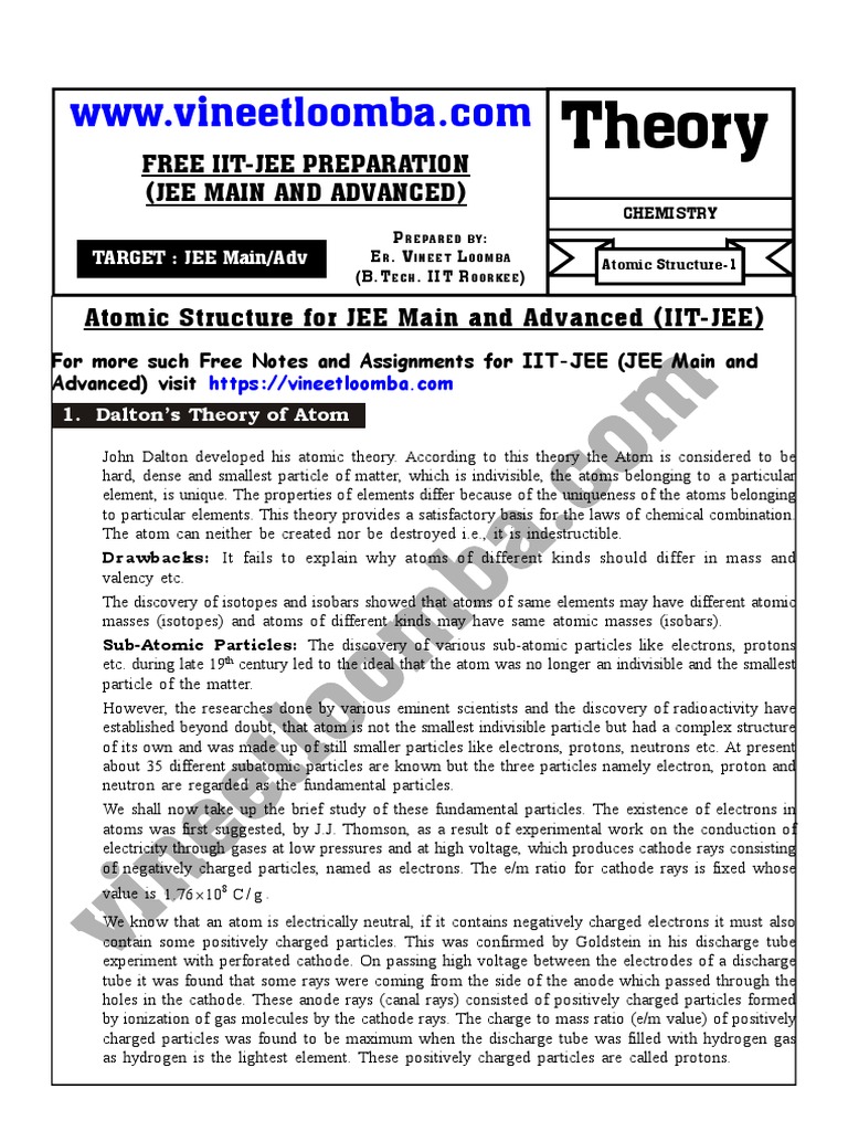Atomic Structure JEE Main and Advanced (Theory) | PDF | Atomic Orbital ...