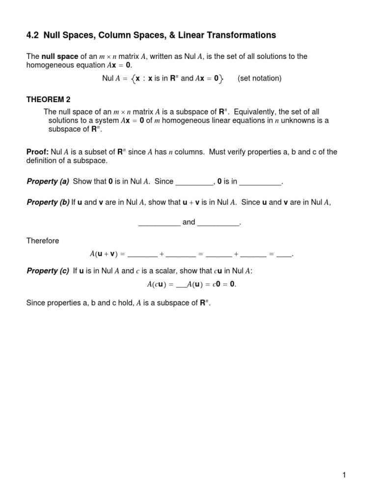 4.2 Null Spaces, Column Spaces, & Linear Transformations: M A A A A A | PDF | Linear Subspace ...