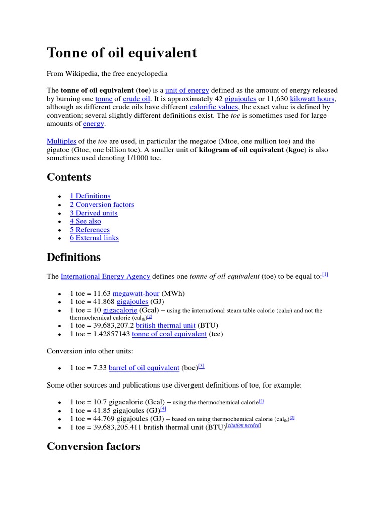 Tonne of Oil Equivalent | PDF | Tonne | Kilowatt Hour