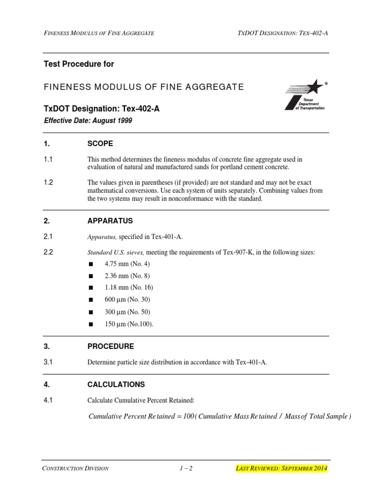 Fineness Modulus of Fine Aggregate: Test Procedure For | PDF | Particle ...