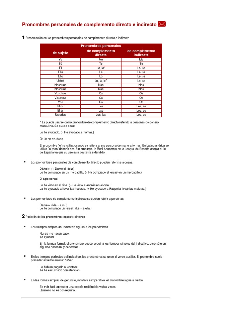 Pronombres Personales de Complemento Directo e Indirecto | PDF | Objeto ...