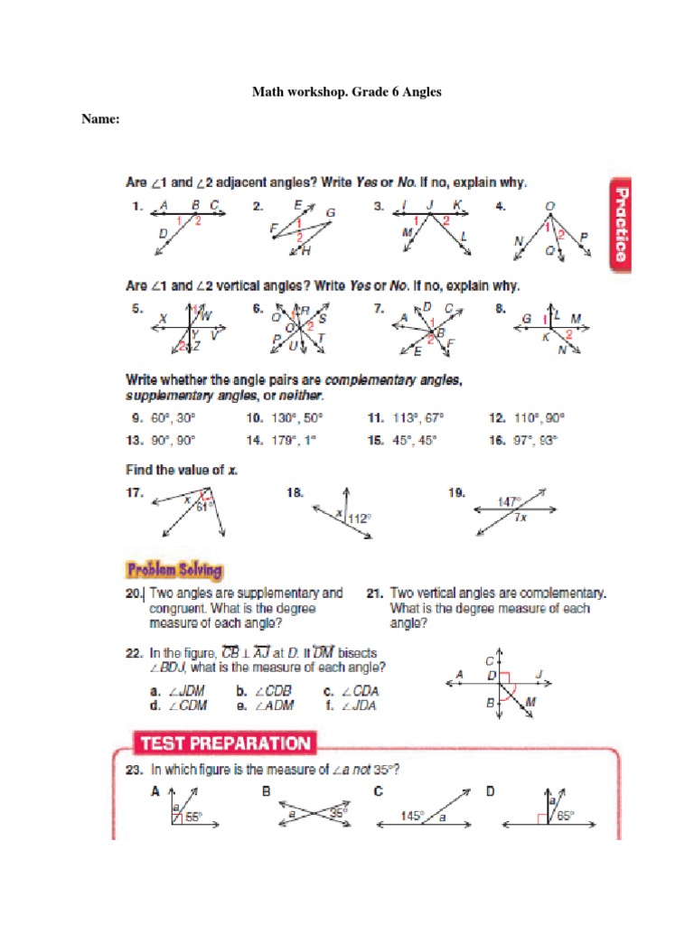 Math Workshop. Grade 6 Angles Name | PDF | Science & Mathematics