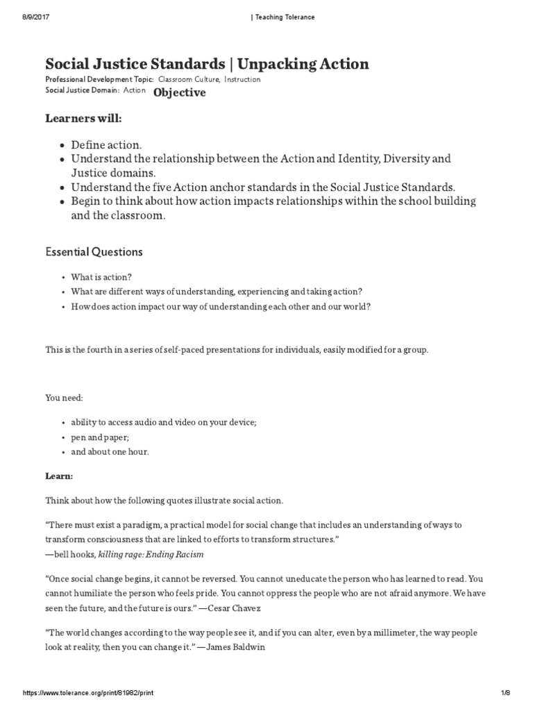 Unpacking Social Justice Action Standards | PDF | Community | Goal