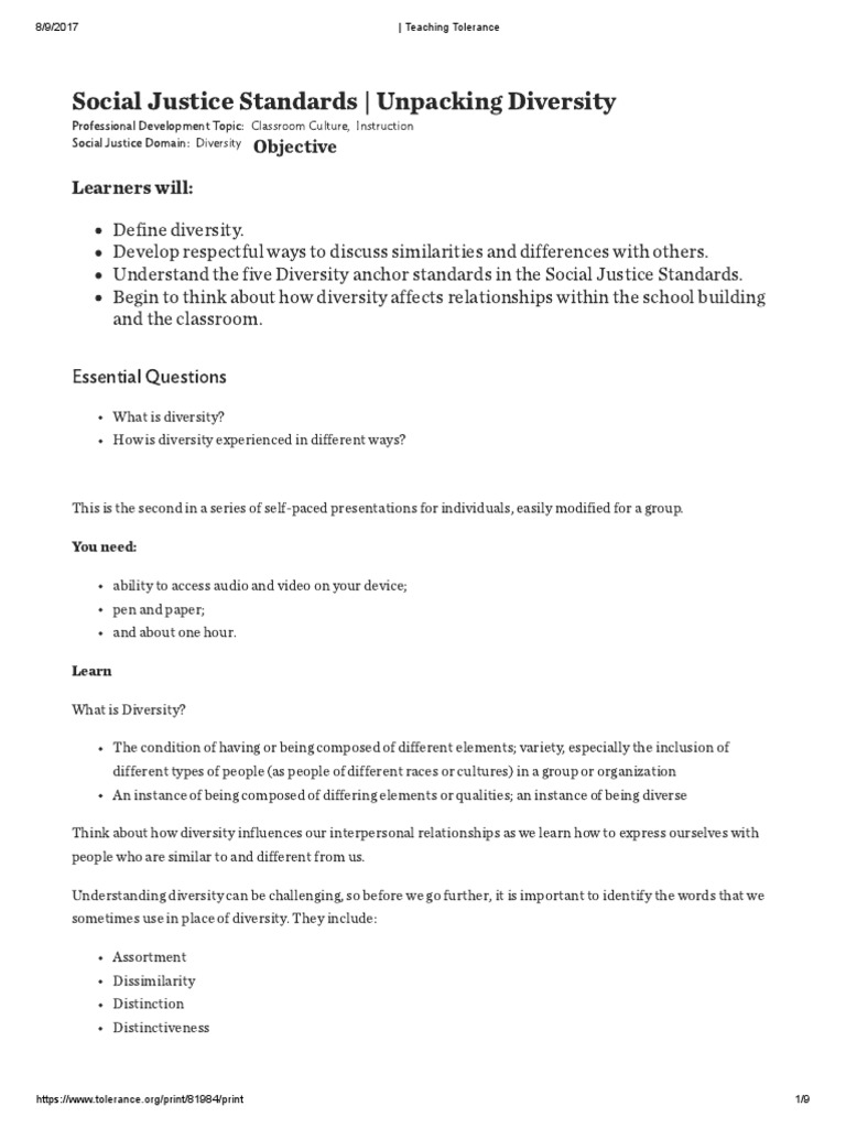 Unpacking Diversity in Social Justice Standards | PDF | Learning ...