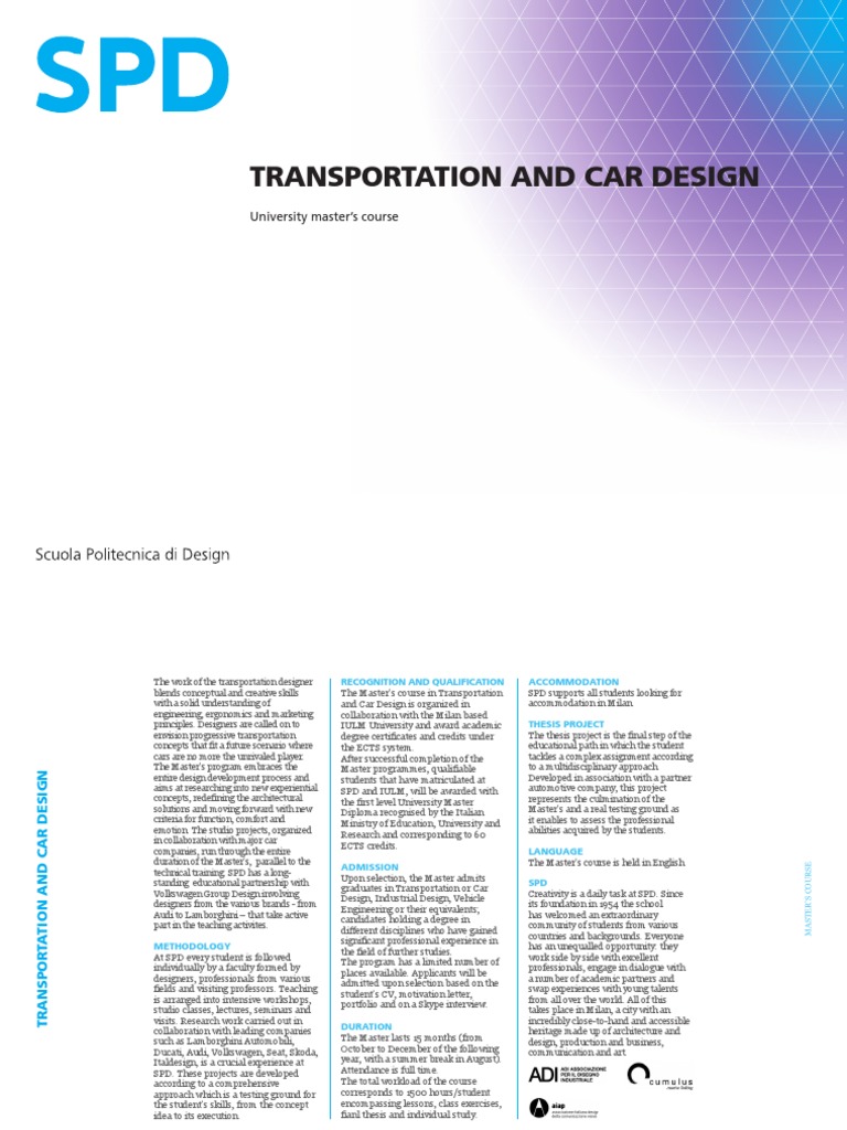 SPD Brochure Masters in Transportation and Car Design | PDF | Master's ...