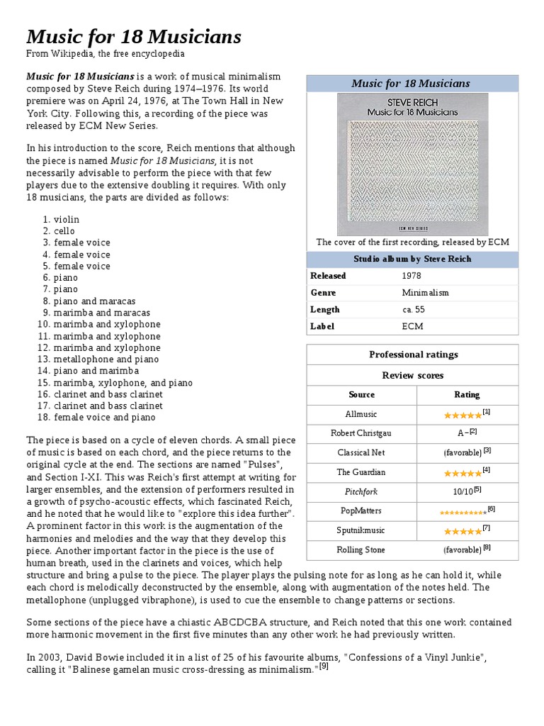 Wikipedia: Music For 18 Musicians | PDF | Performing Arts | Classical Music