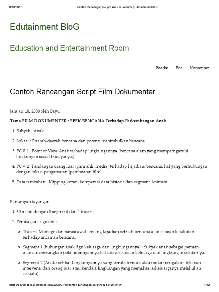 Contoh Rancangan Script Film Dokumenter - Edutainment BloG | PDF