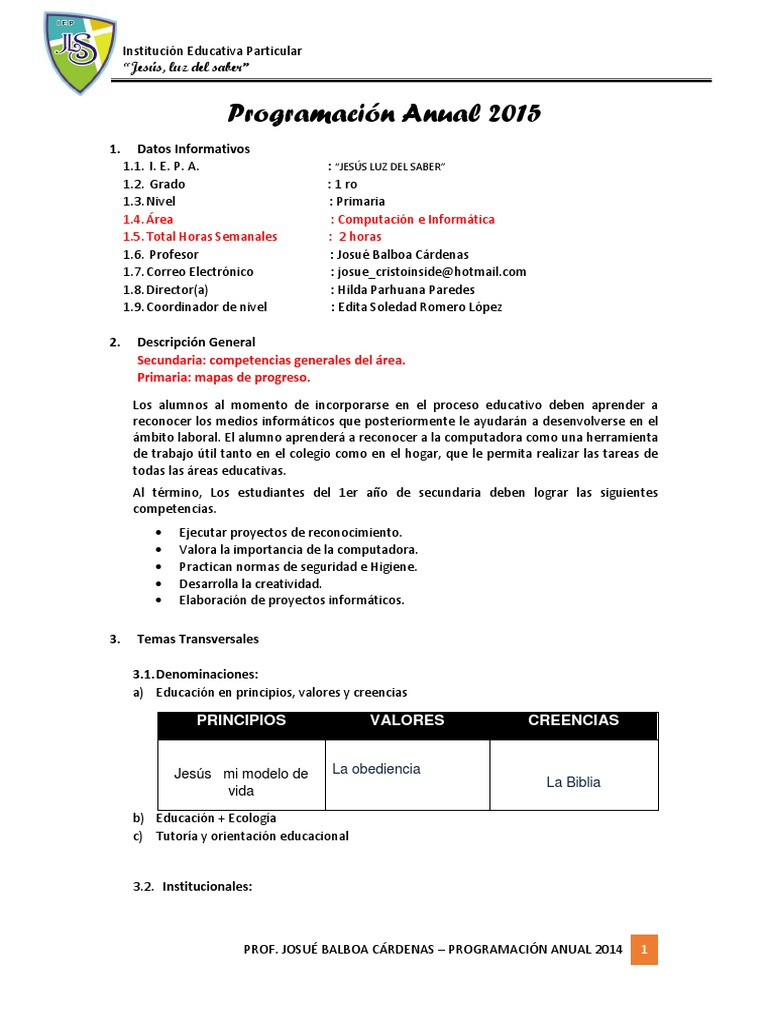 Programacion Anual 1ro Primaria | PDF | Educación Secundaria | Aprendizaje