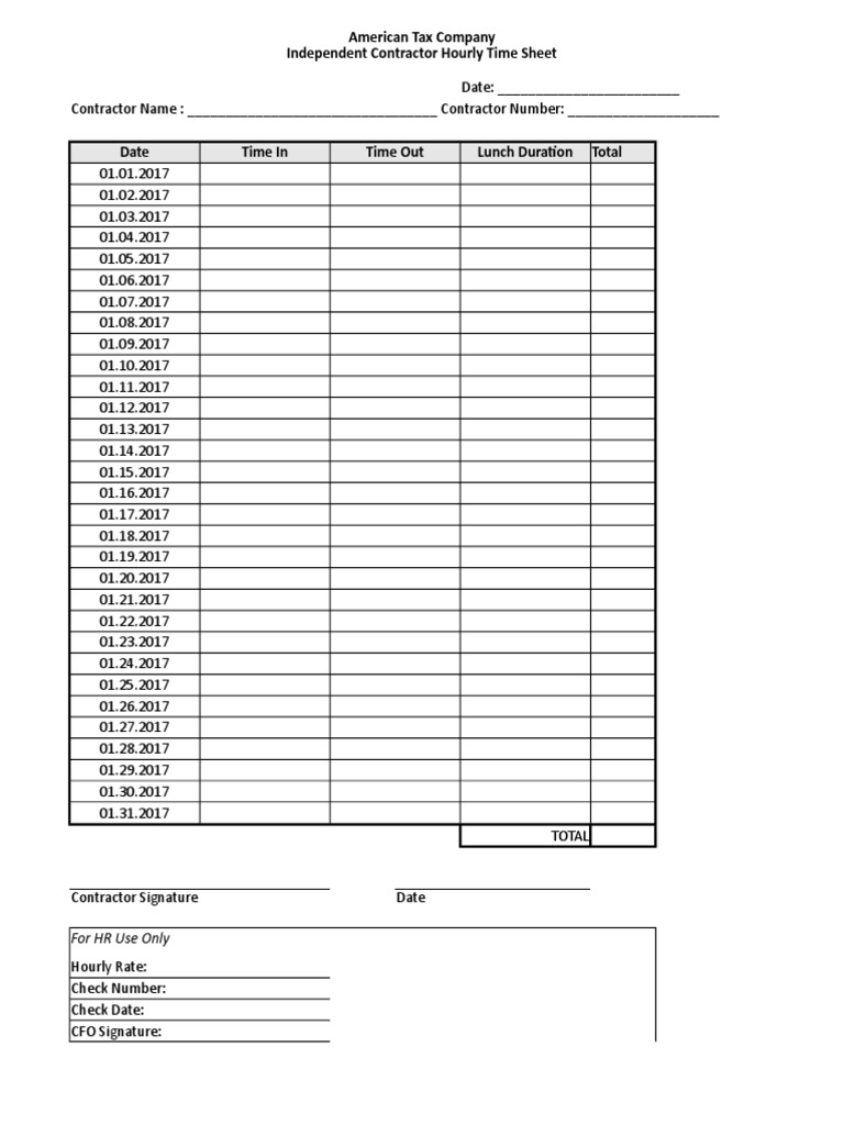 American Tax Company Independent Contractor Hourly Time Sheet | PDF