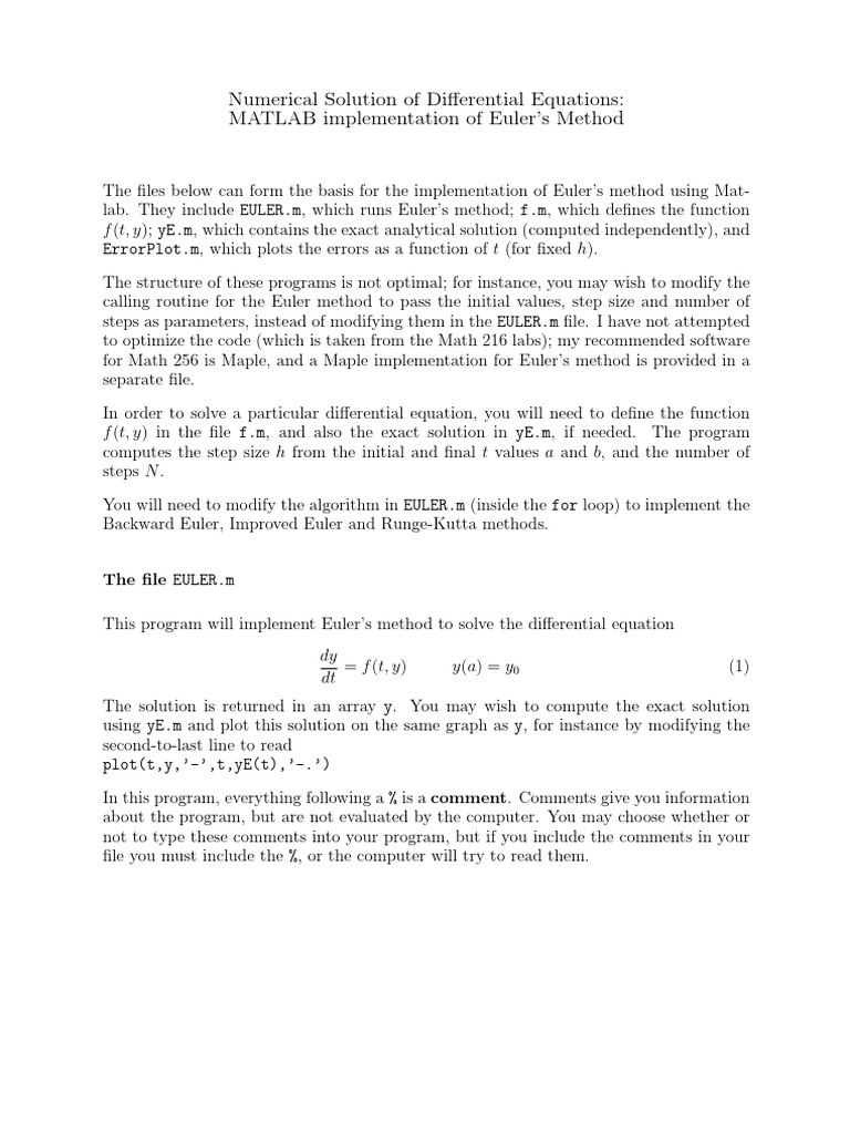 Numerical Solution of Differential Equations: MATLAB Implementation of ...