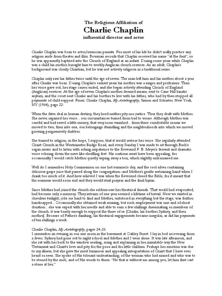 The Religious Affiliation of Charlie Chaplin | PDF | Charlie Chaplin ...