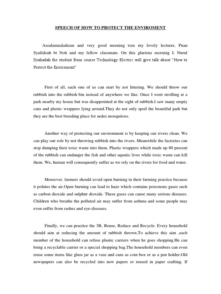 How to Protect the Environment Speech | PDF | Recycling | Stress (Biology)