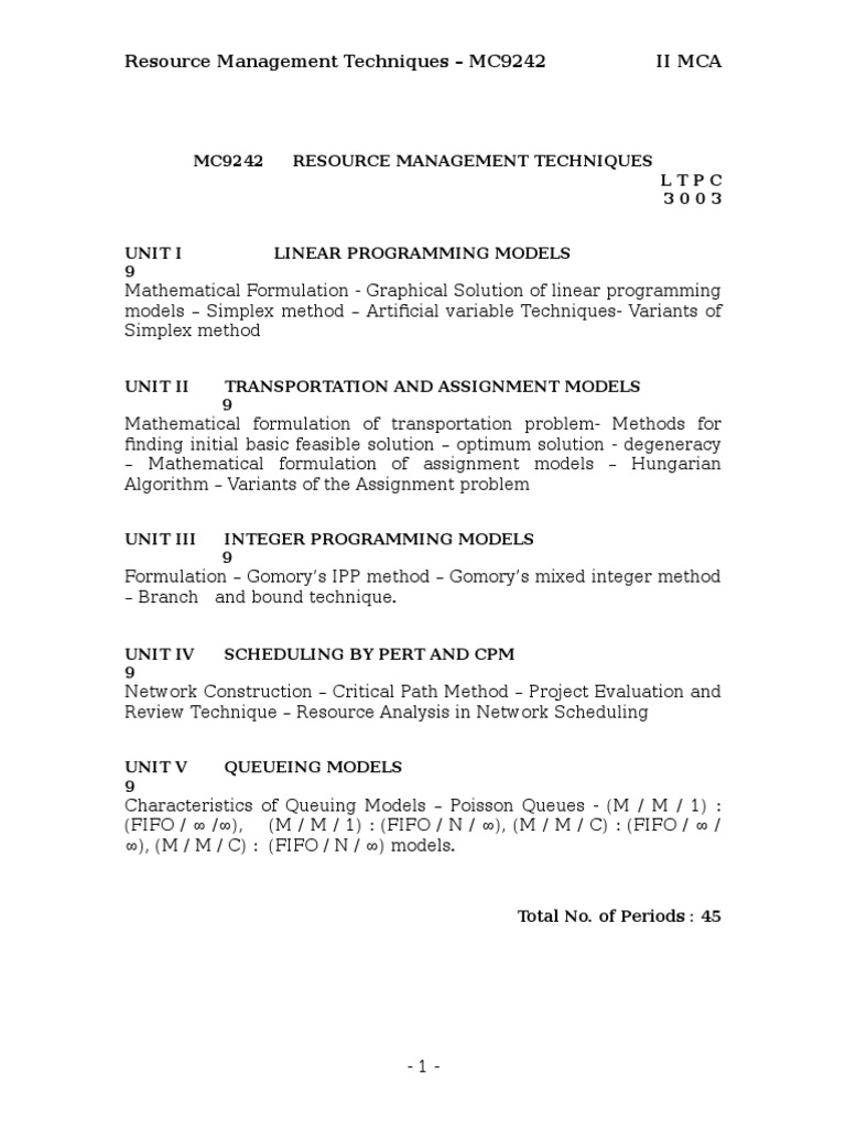 Resource Management Techniques - MC9242 Ii Mca | PDF | Linear ...