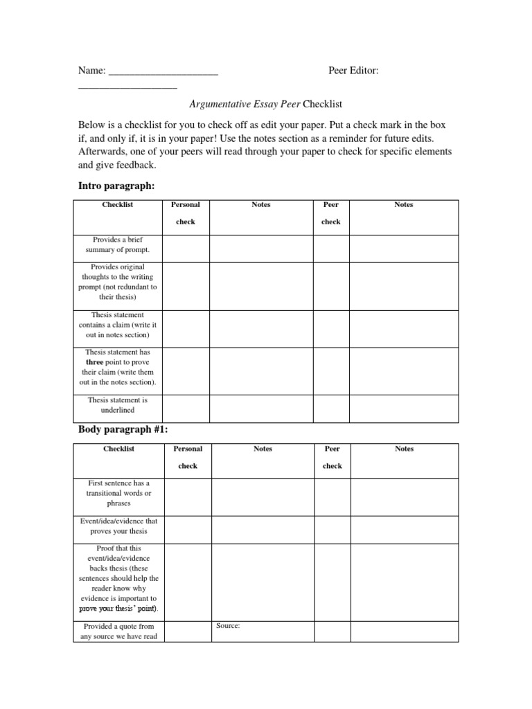 Intro Paragraph:: Argumentative Essay Peer Checklist | PDF | Essays