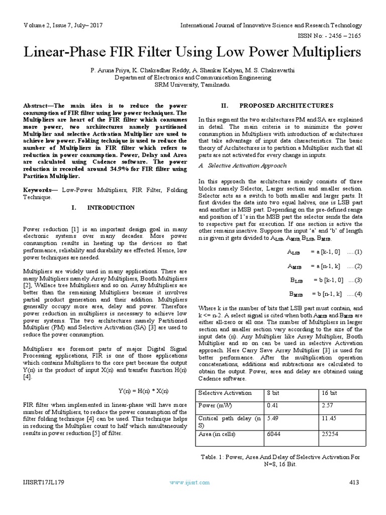 Linear Phase Fir Filter Using Low Power Multipliers 1 Pdf Filter