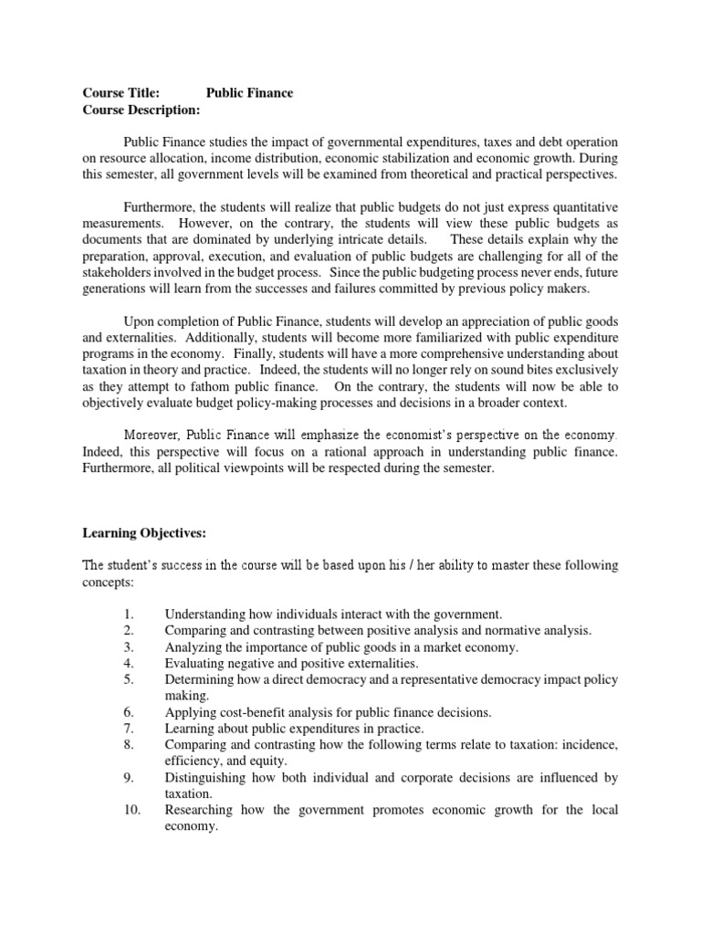 Course Title: Public Finance Course Description | PDF | Public Finance ...
