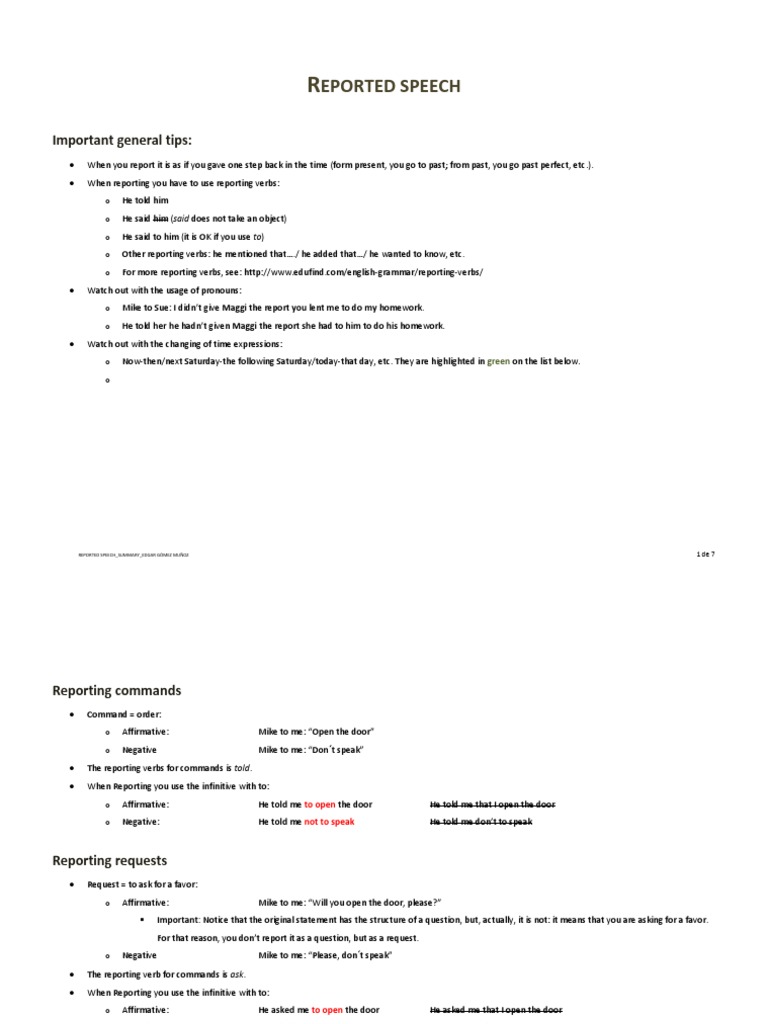 05 Reported Speech Summary | PDF | Question | Verb